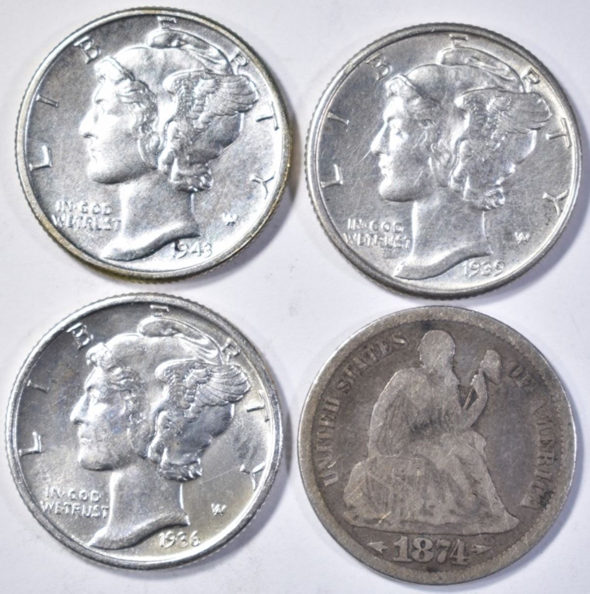 LOT OF 4 DIMES:1874 ARROW SEATED DIME