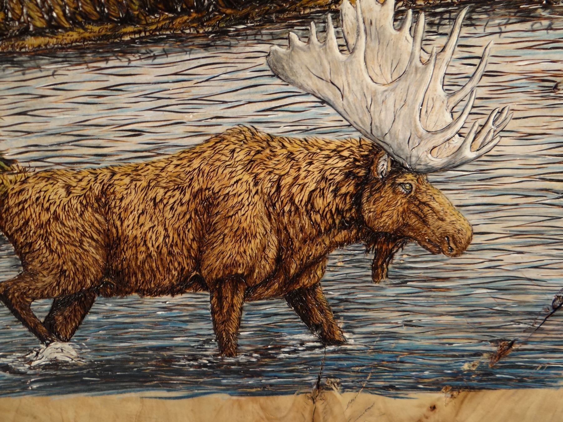 Waddoups, R. Wayne, Moose In Lake, wood carving/ etching, 32" h x 42" w
