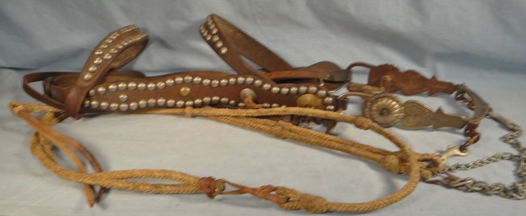 Studded bridle with Buermann bit, rawhide bosal and reins