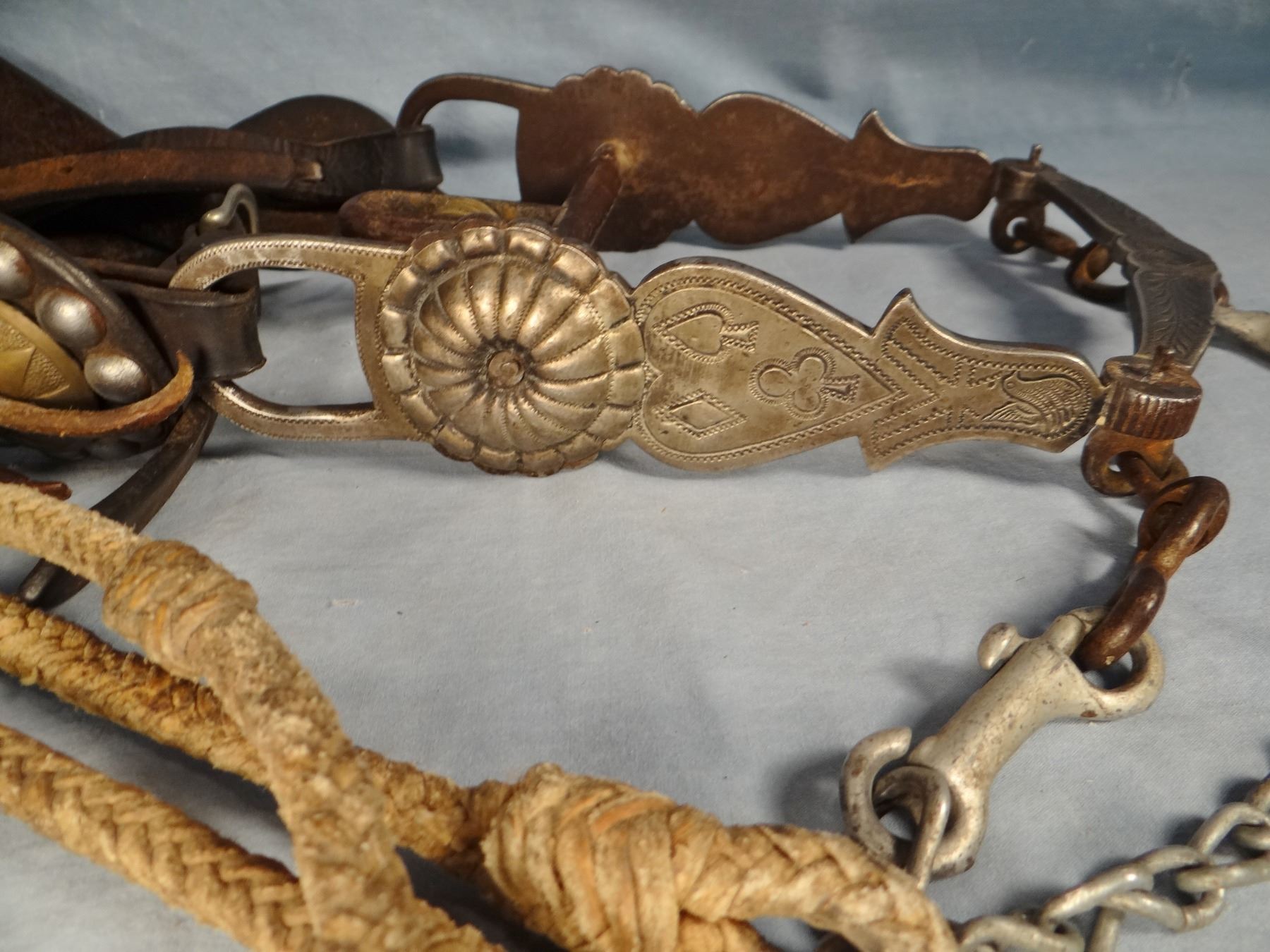 Studded bridle with Buermann bit, rawhide bosal and reins