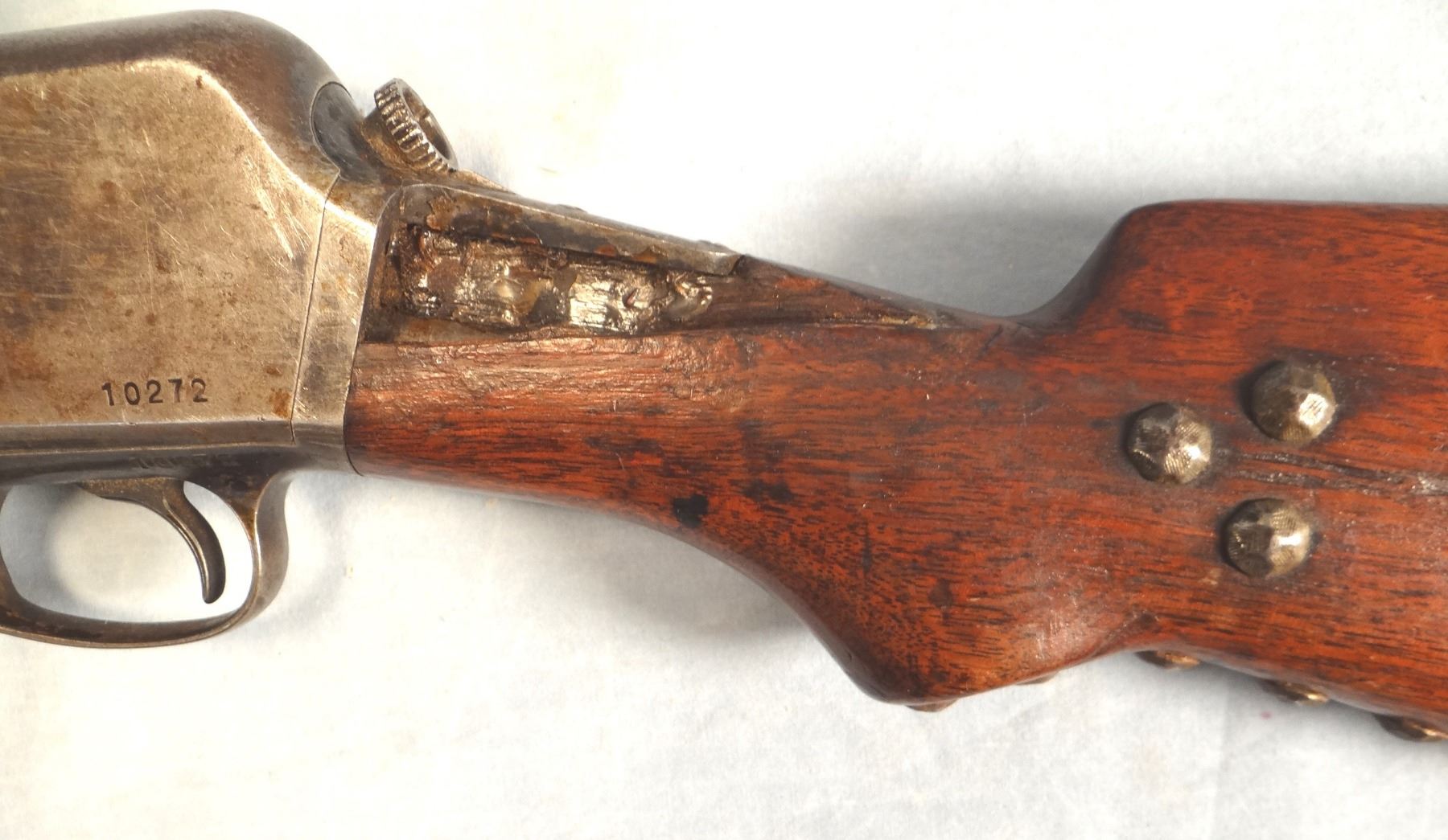Win 1910 rifle, .401 cal, sn 10272, tacked stock, wood shows heavy wear ...