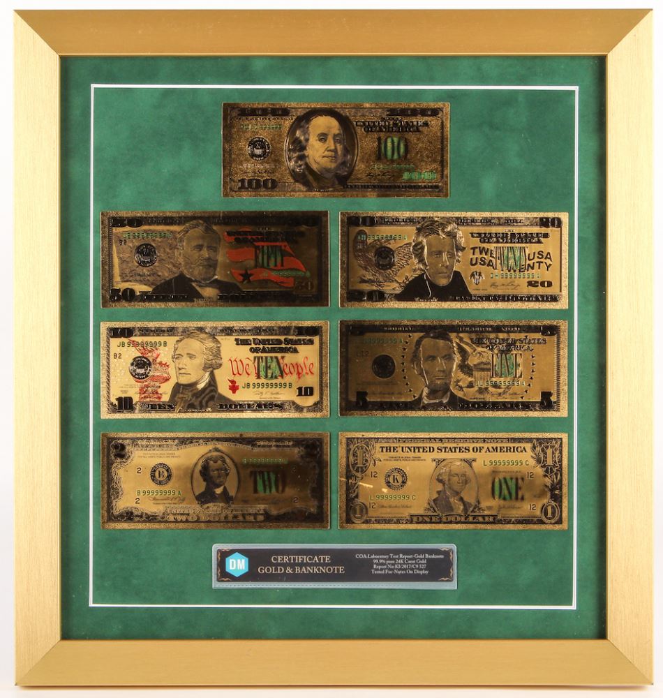 Set of (7) 24Kt Gold Plated U.S. Bills 17x18 Custom Framed Display