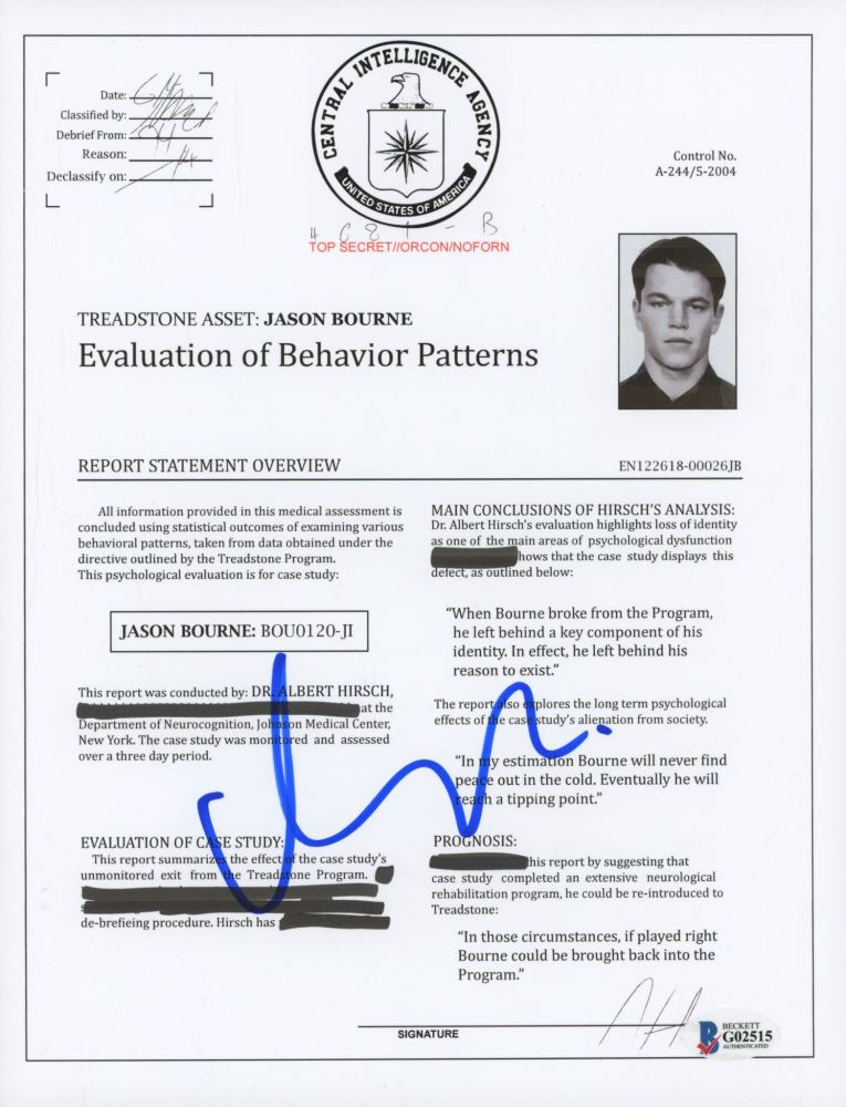 Matt Damon Signed "Treadstone: Jason Bourne CIA Report" 8.5x11 Movie ...