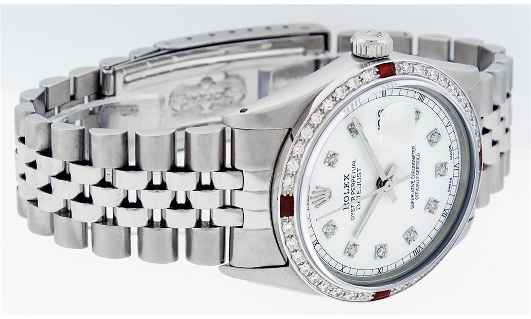 Rolex Mens Stainless Steel White Diamond & Ruby 36MM Datejust Wristwatch