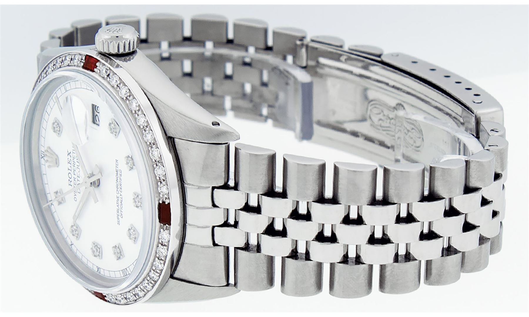 Rolex Mens Stainless Steel White Diamond & Ruby 36MM Datejust Wristwatch