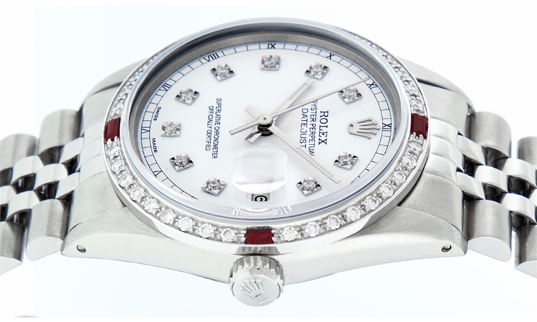 Rolex Mens Stainless Steel White Diamond & Ruby 36MM Datejust Wristwatch