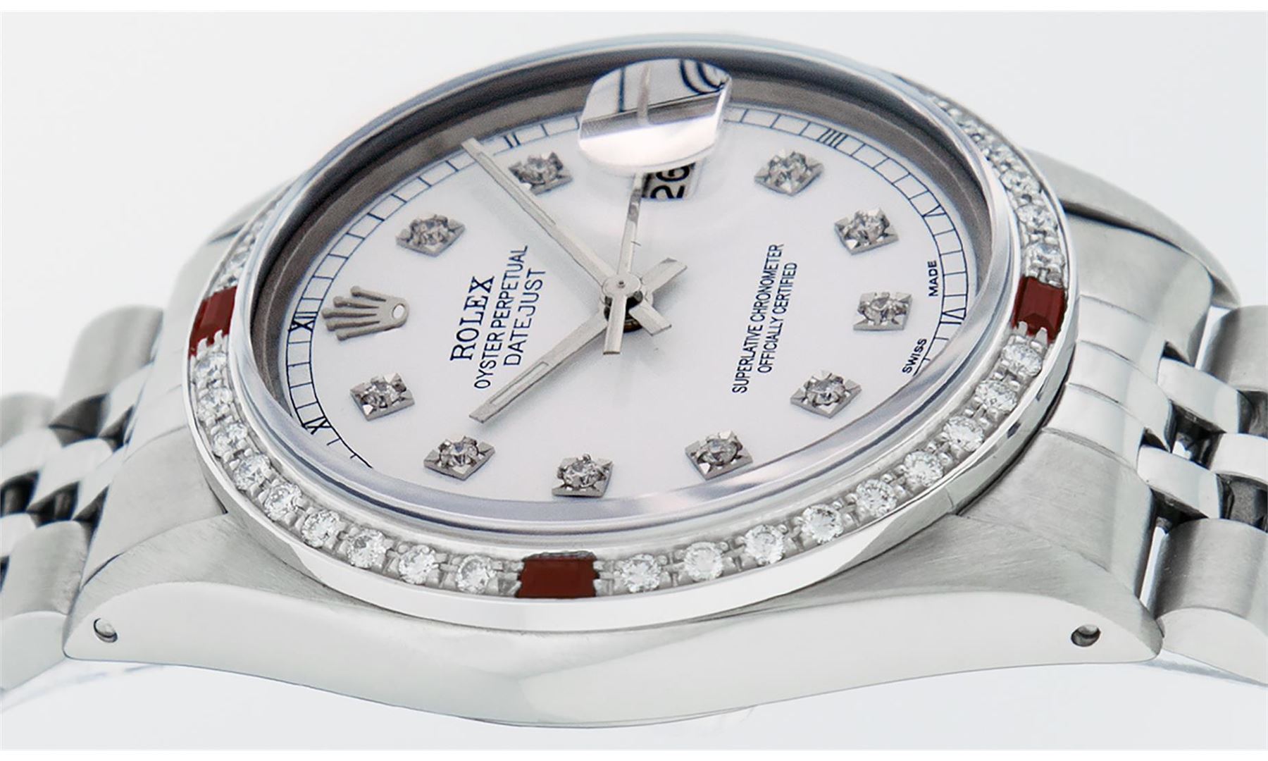 Rolex Mens Stainless Steel White Diamond & Ruby 36MM Datejust Wristwatch
