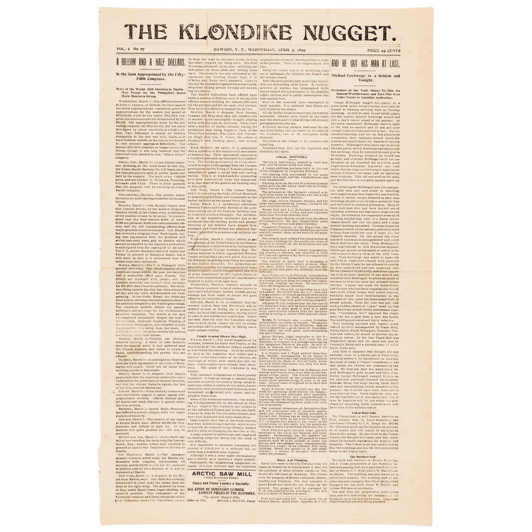 1899 Alaska Gold Rush Newspaper, THE KLONDIKE NUGGET, Dawson, Yukon ...