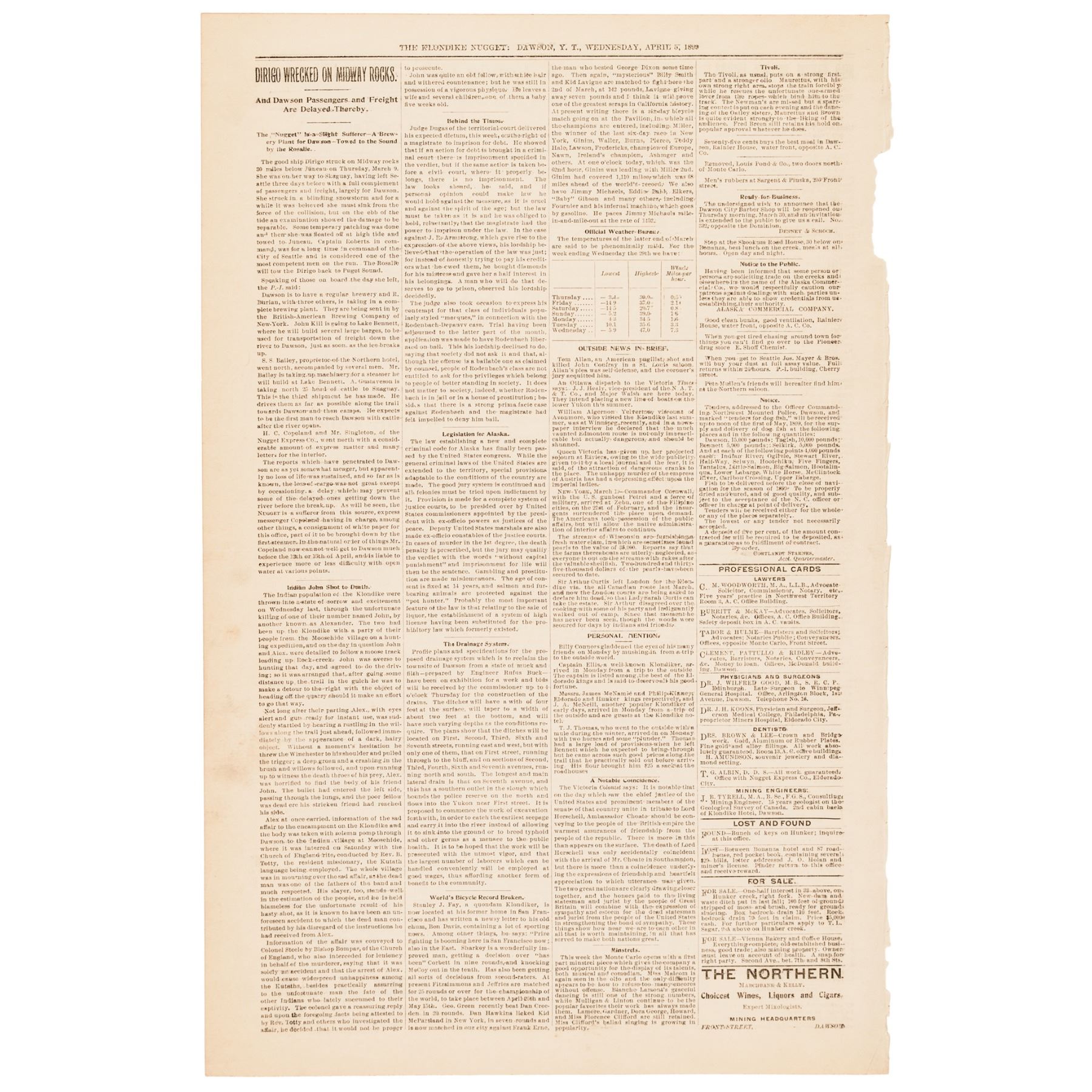 1899 Alaska Gold Rush Newspaper, THE KLONDIKE NUGGET, Dawson, Yukon ...