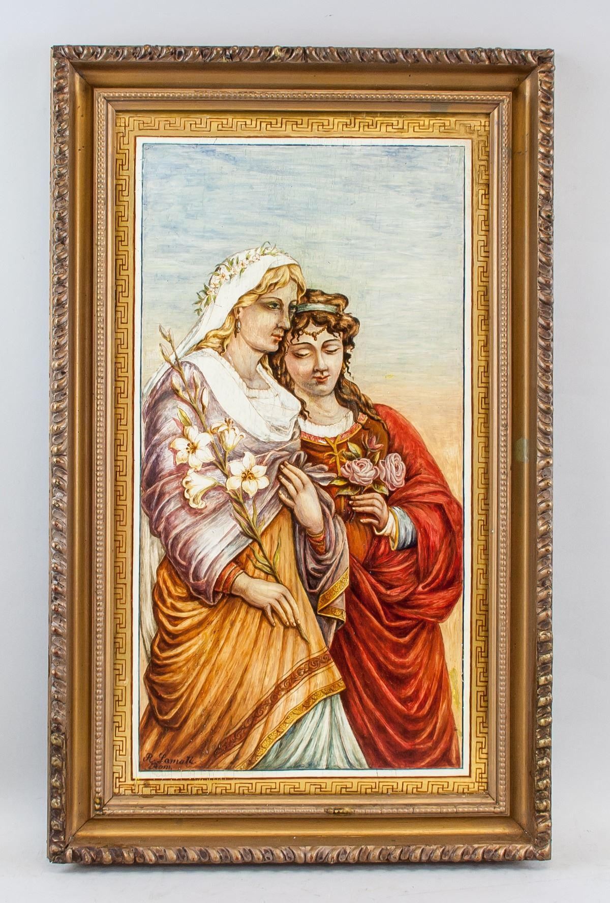 R Lamar Oil on Board 18th Century Framed Women