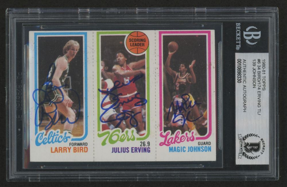 Larry Bird, Julius Erving Magic Johnson Signed 1980-81 Topps #6 34 RC (BGS Encapsulated)