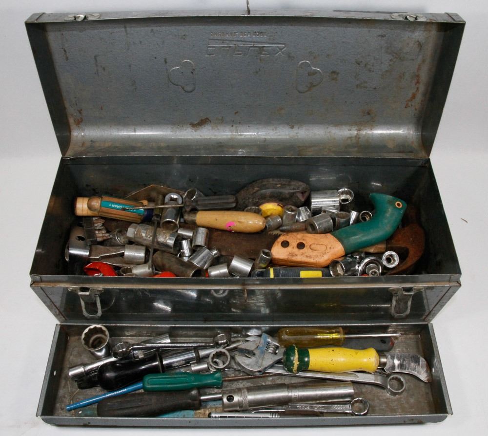 GREY TOOL BOX WITH CONTENTS