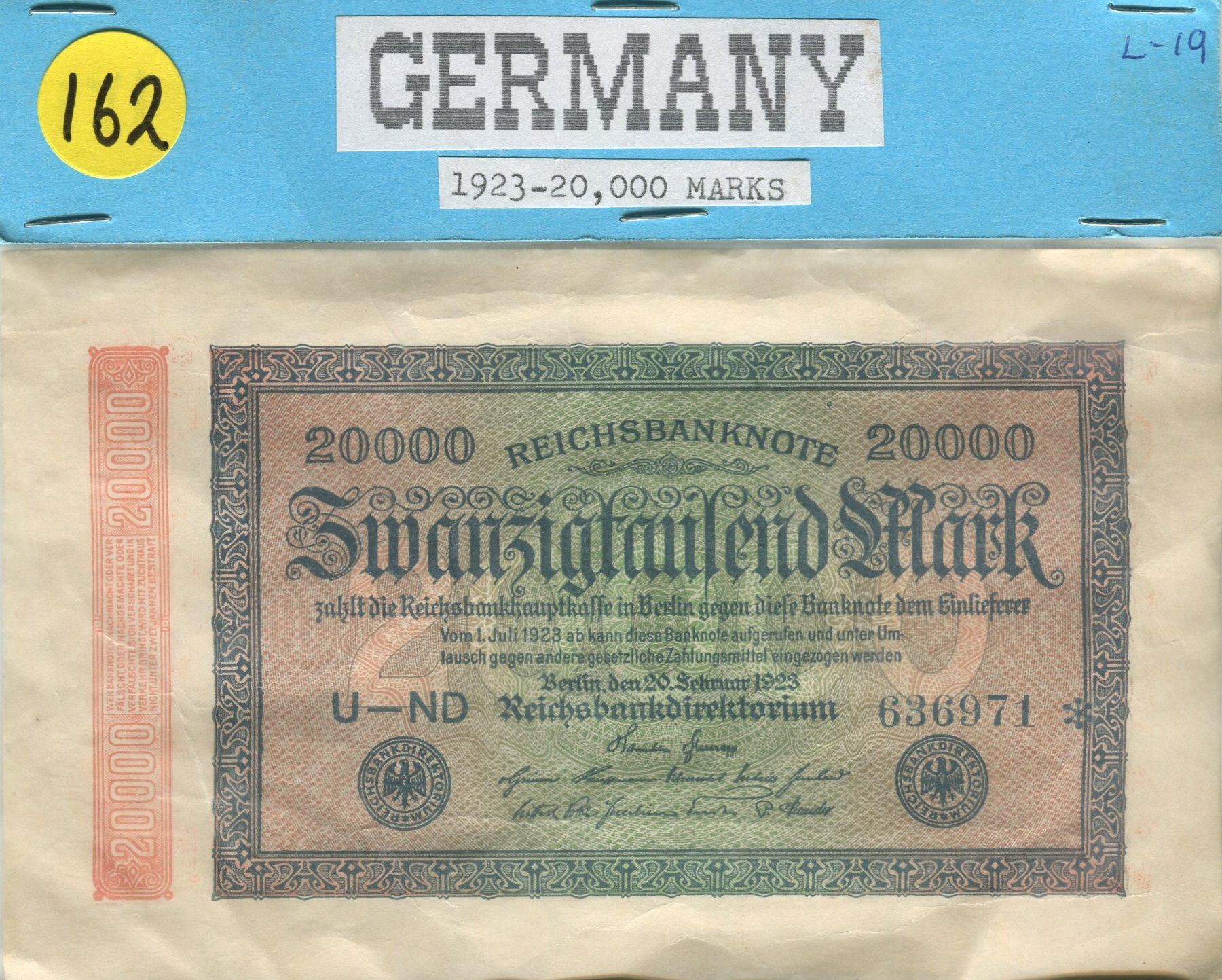 GERMAN BANK NOTE (20,000 MARKS) *1923*