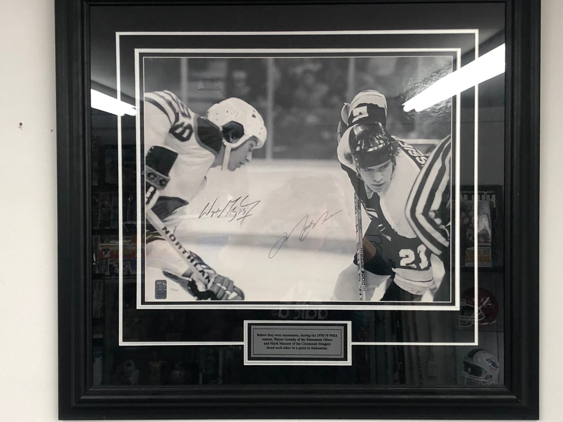 1978-79 WHA WAYNE GRETZKY & MARK MESSIER DUAL SIGNED 24" X 20" FRAMED ...
