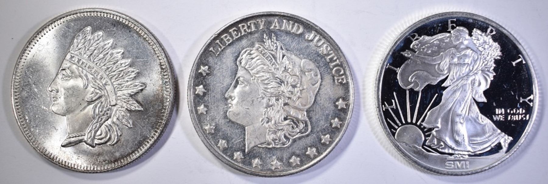 3-DIFFERENT ONE OUNCE .999 SILVER ROUNDS