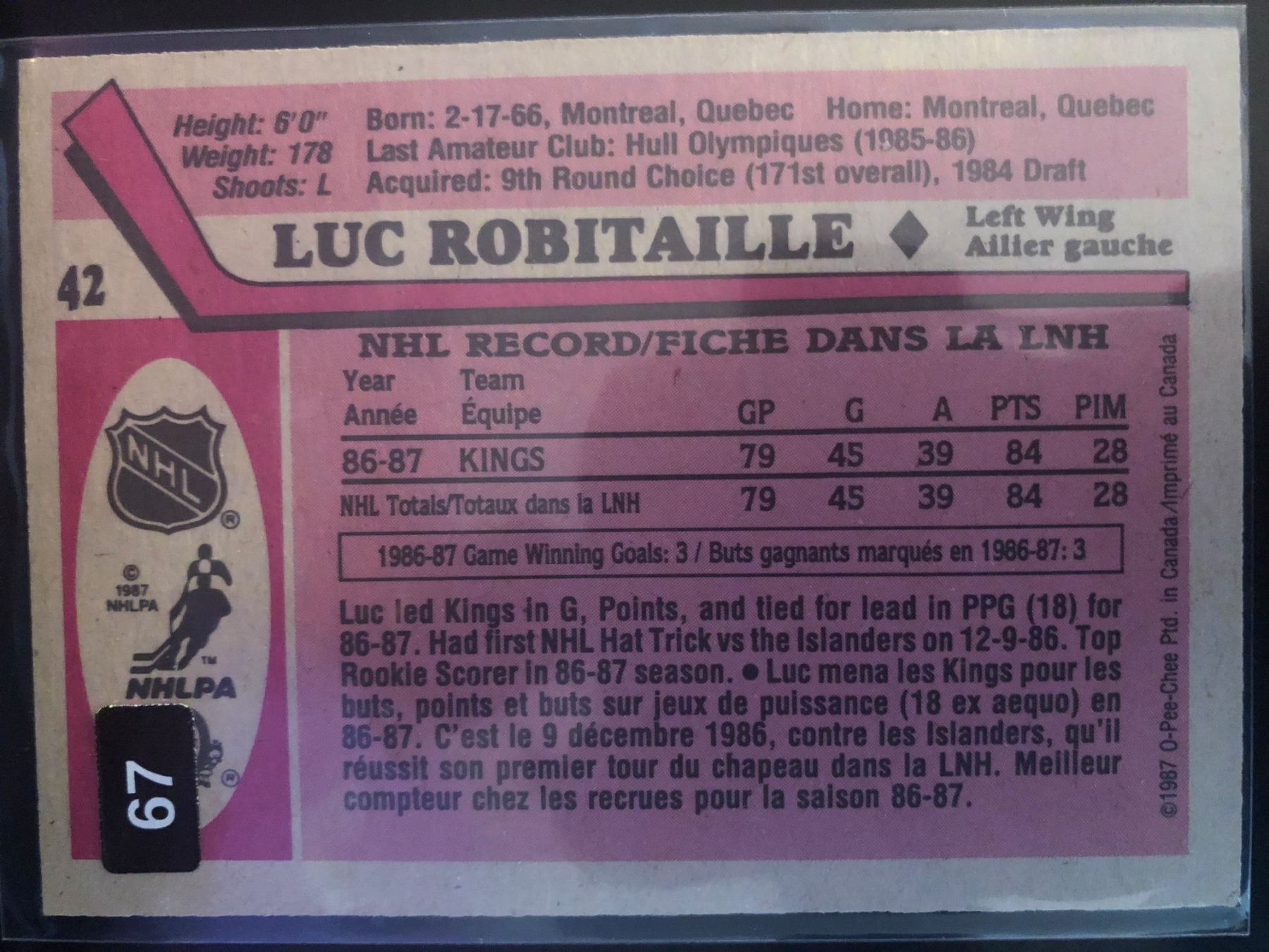 1987-88 O-Pee-Chee Rookie Card Luc Robitaille Card #42