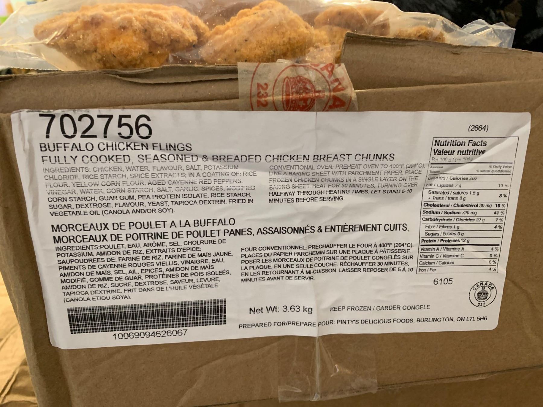 Case of Pinty's Fully Cooked Buffalo Chicken Flings (3.63Kg)