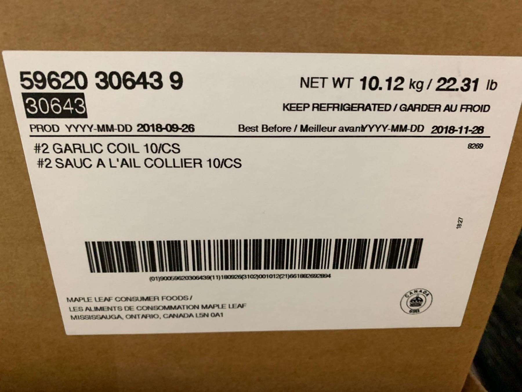 Case of #2 Garlic Coil Sausage (10.12kg)