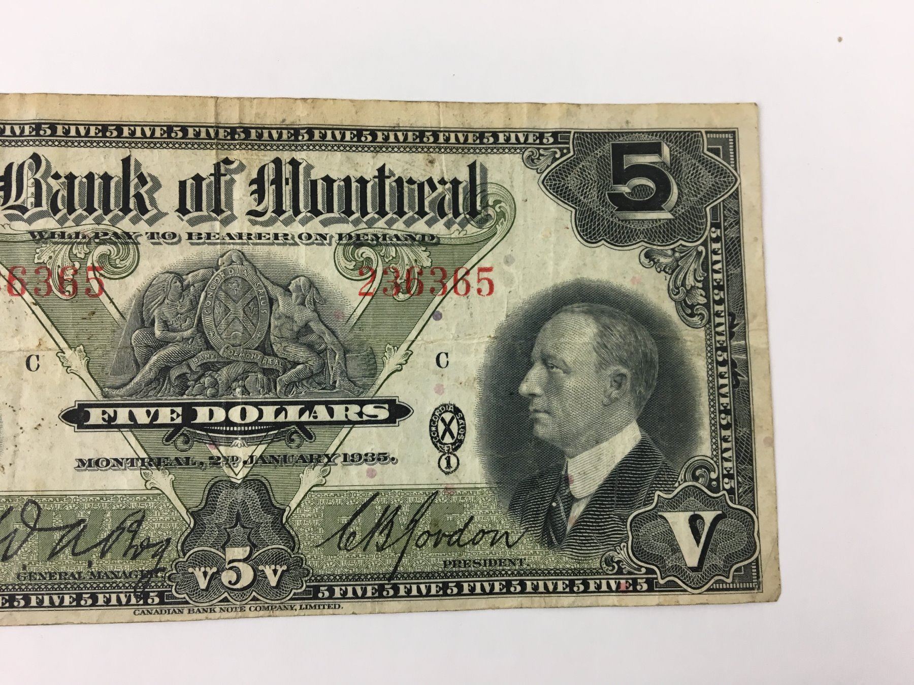 $5 BANK NOTE (BANK OF MONTREAL) *1935*