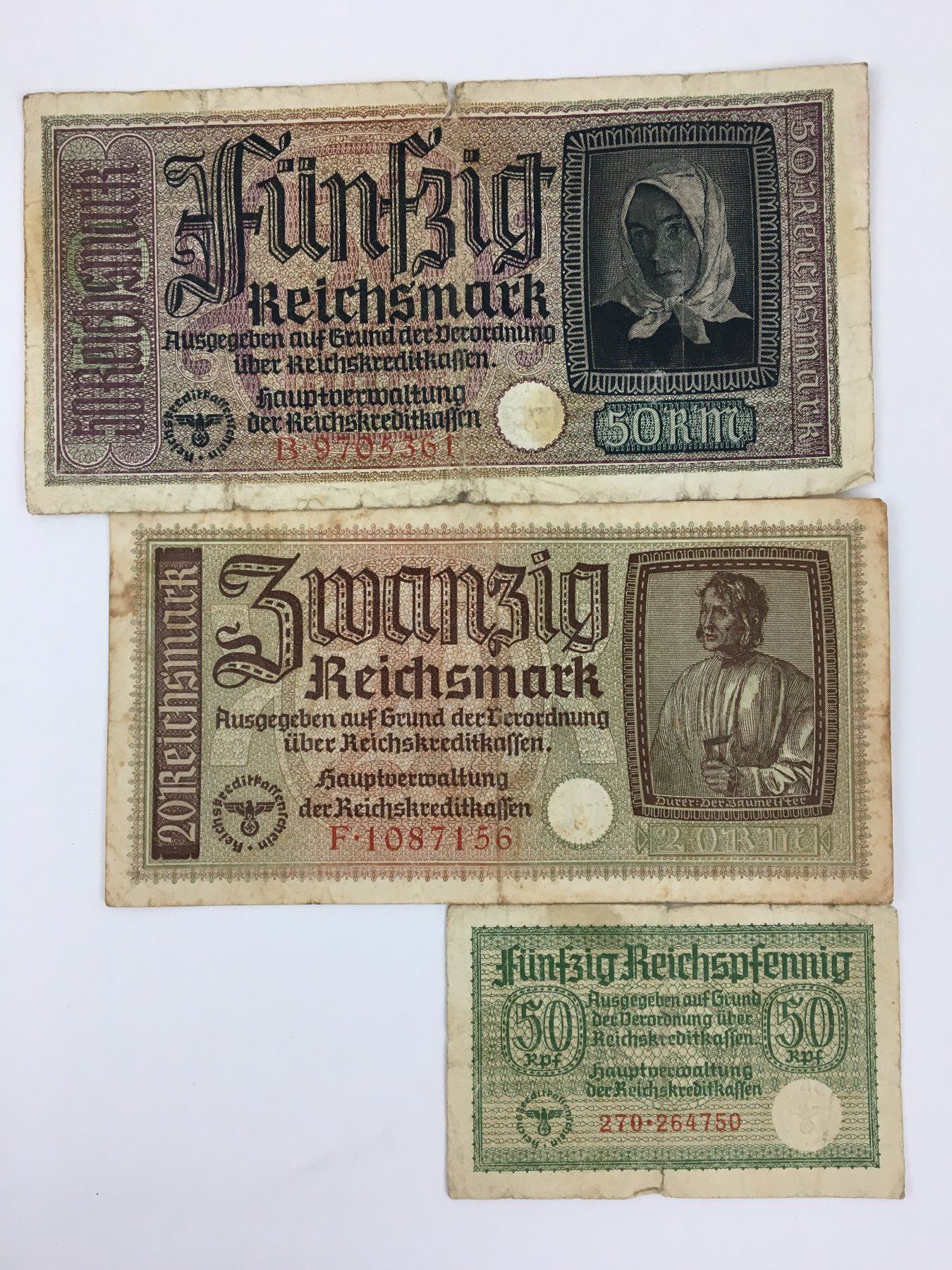 LOT OF 3 NAZI GERMAN BANK NOTES