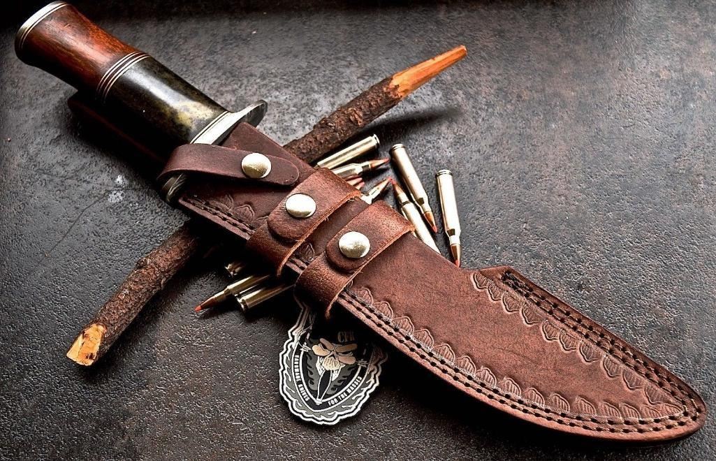 FK USA Custom Handmade Damascus Walnut Wood & Dyed Bone Hunting Bowie Knife