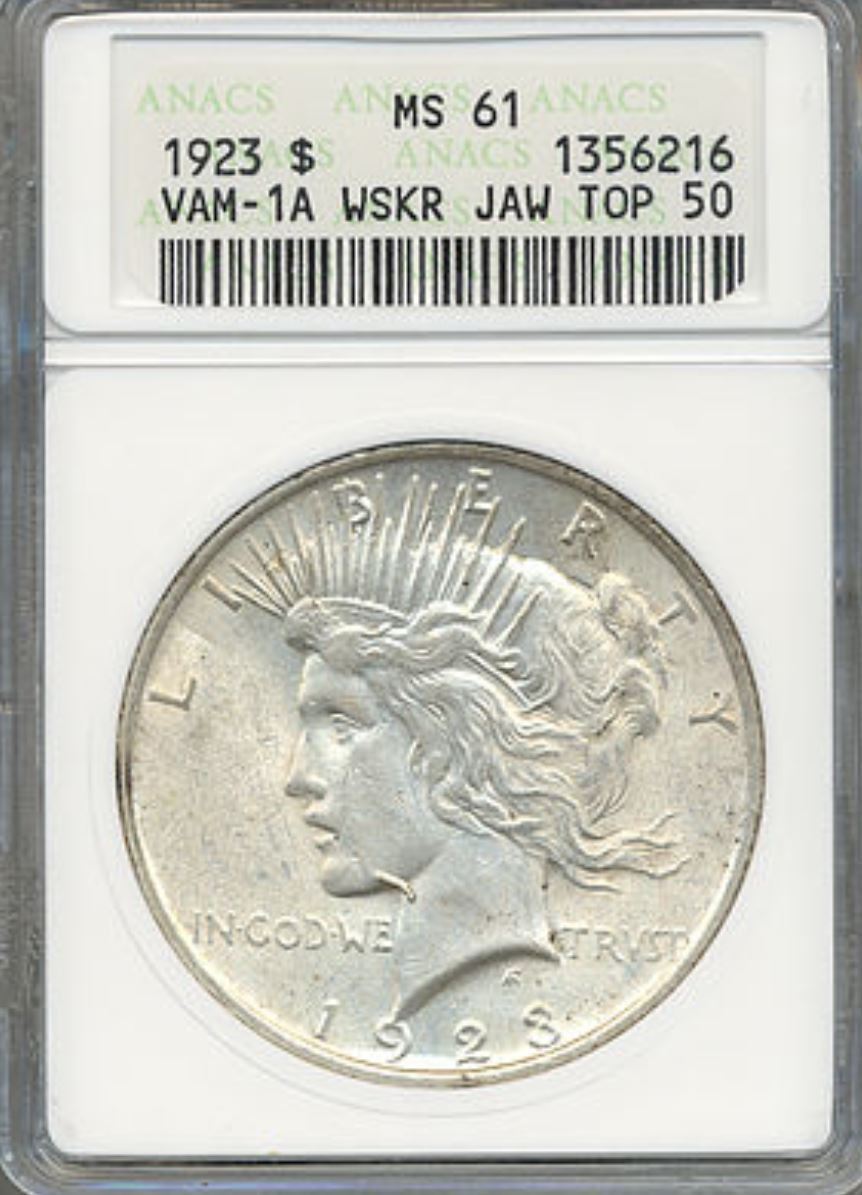 1923 $1 Peace Silver Dollar Coin ANACS MS61