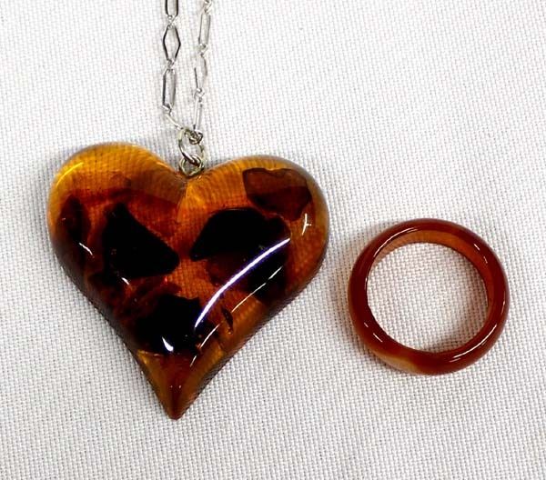 Heart Shaped Amber Pendant Necklace and Ring