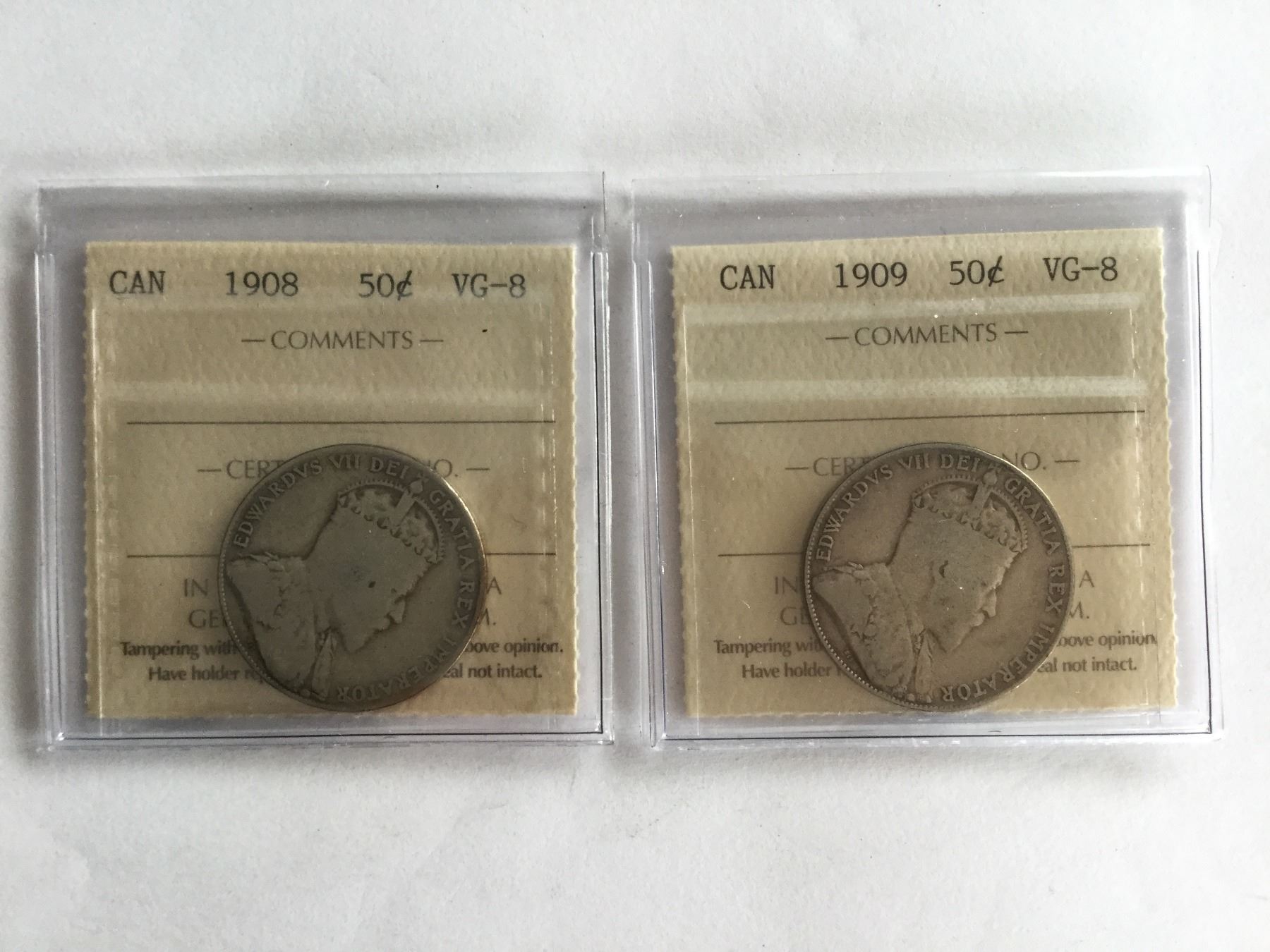 2 - ICCS 1908 Canadian Silver 50 cent Both VG8