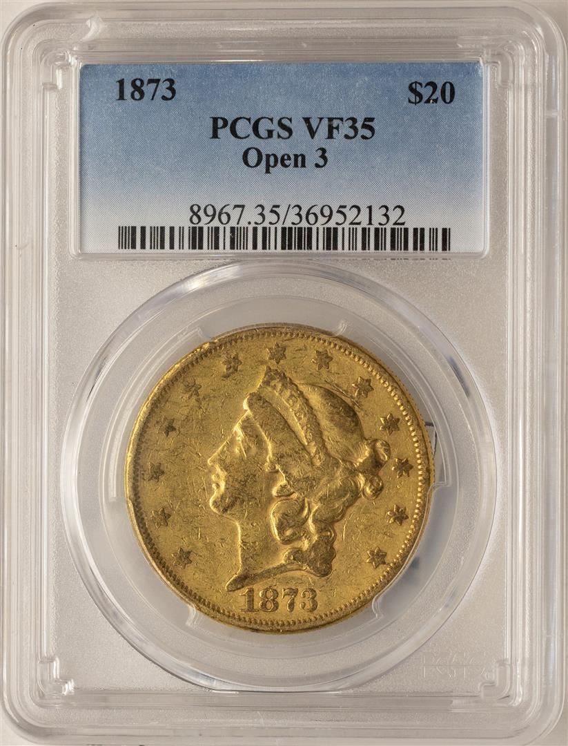 1873 Open 3 $20 Liberty Head Double Eagle Gold Coin PCGS VF35