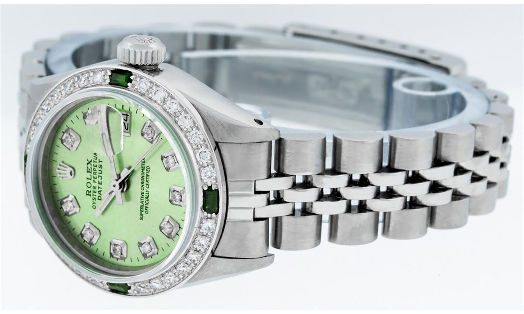 Rolex Ladies Stainless Steel Green Diamond & Emerald Datejust Wristwatch
