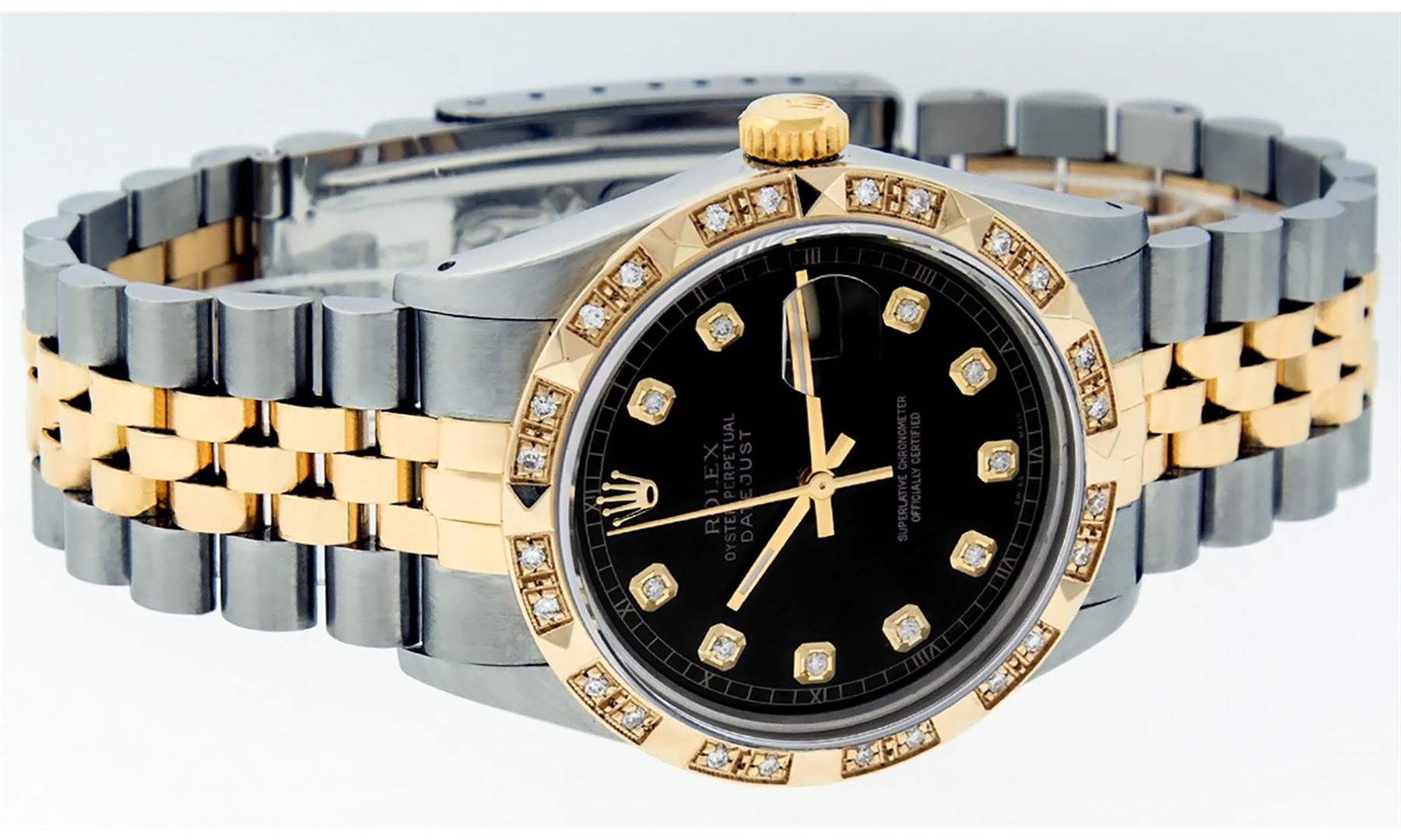 Rolex Mens 2 Tone 14K Black Pyramid Diamond 36MM Datejust Wristwatch