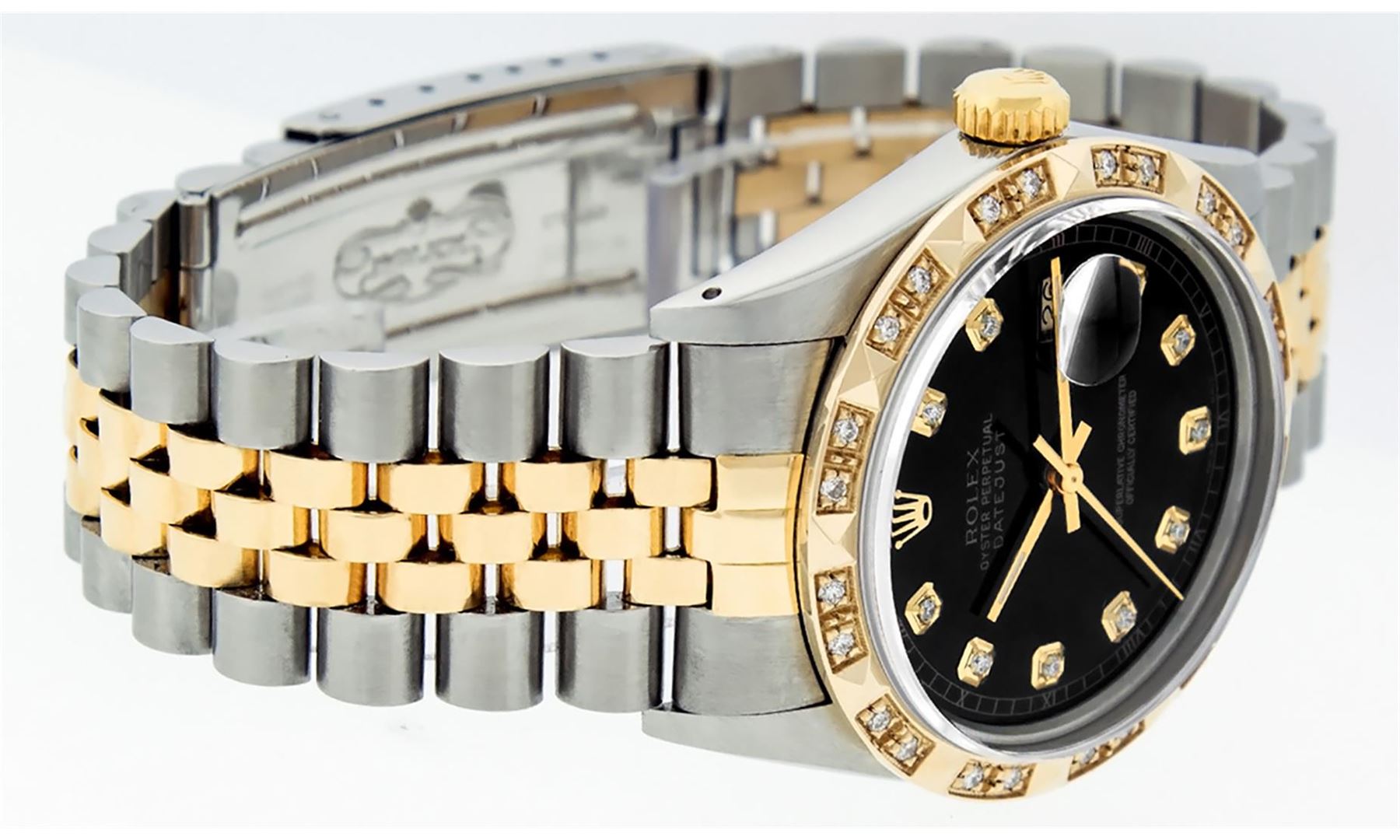 Rolex Mens 2 Tone 14K Black Pyramid Diamond 36MM Datejust Wristwatch