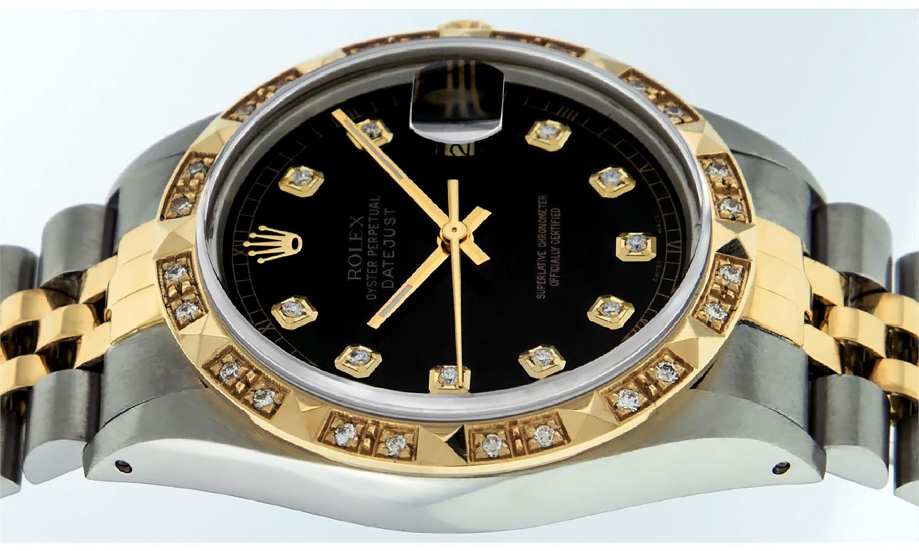 Rolex Mens 2 Tone 14K Black Pyramid Diamond 36MM Datejust Wristwatch