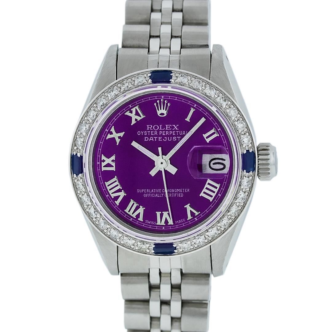 Rolex Ladies Stainless Steel Purple Diamond & Sapphire Datejust Wristwatch