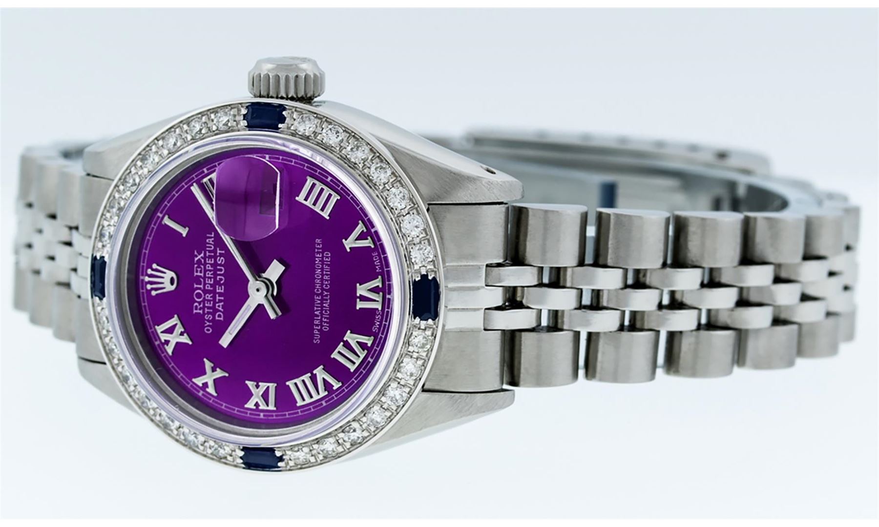 Rolex Ladies Stainless Steel Purple Diamond & Sapphire Datejust Wristwatch