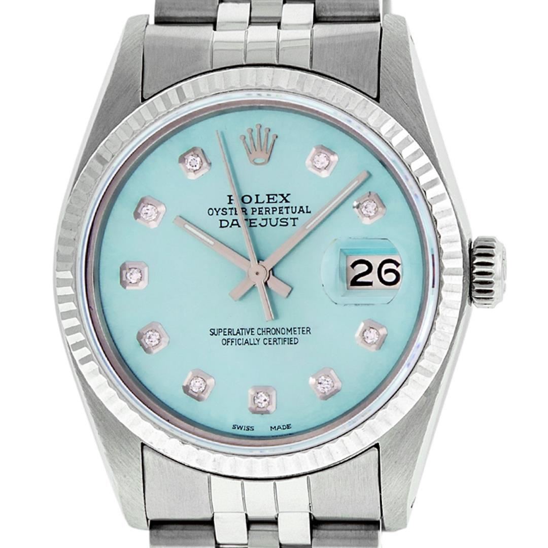 Rolex Mens Stainless Steel Ice Blue Diamond 36MM Datejust Wristwatch