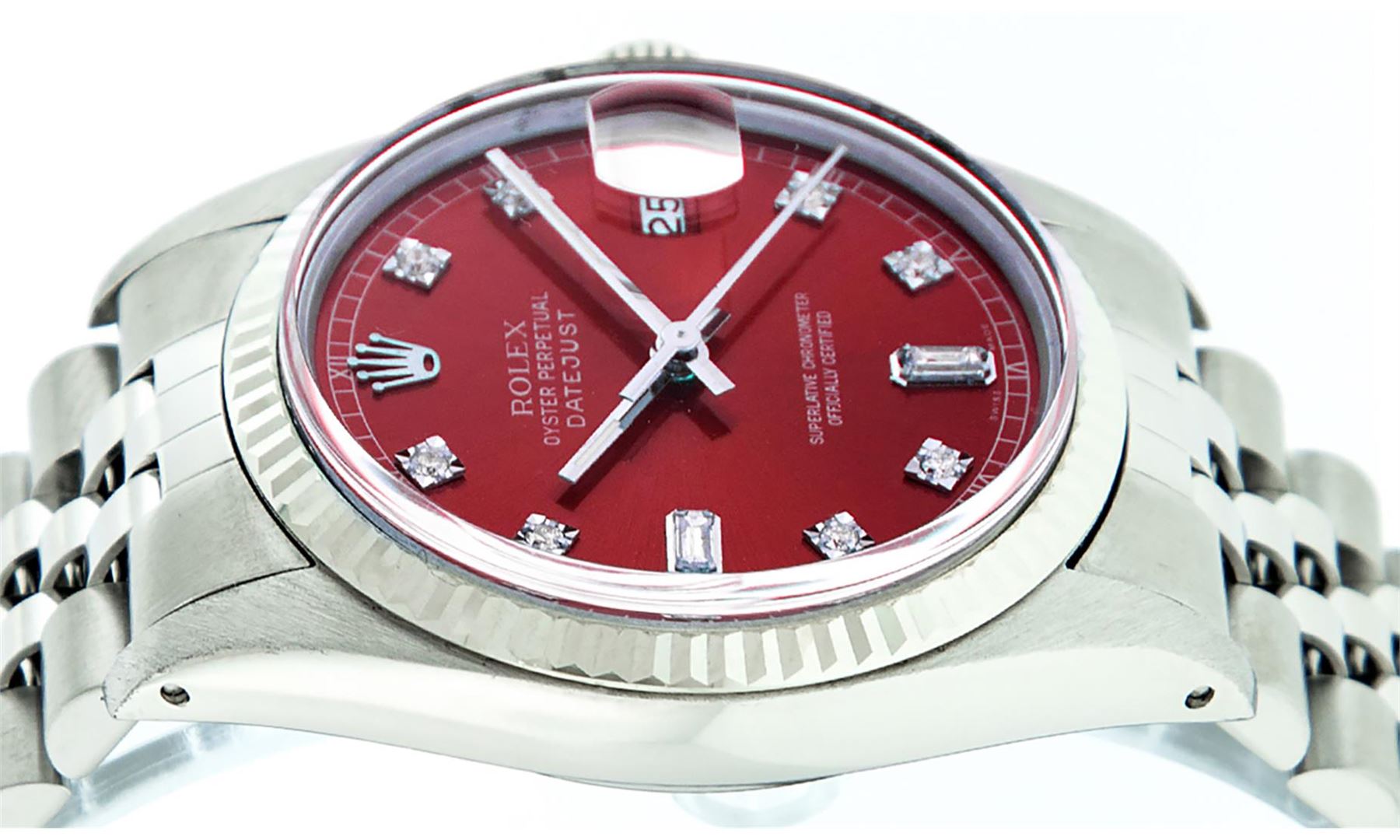 Rolex Mens Stainless Red Diamond 36MM Datejust Wristwatch