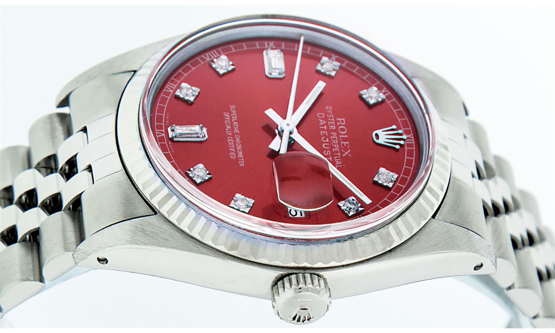 Rolex Mens Stainless Red Diamond 36MM Datejust Wristwatch