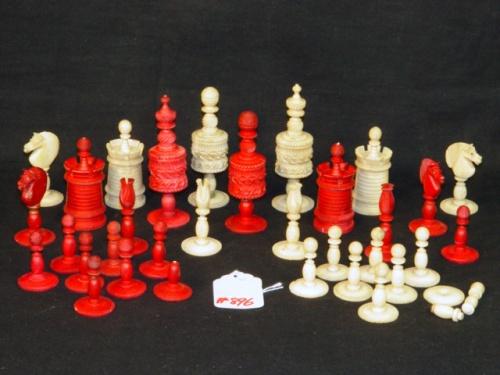 CARVED IVORY CHESS SET, COMPLETE, KING 4" HIGH, O