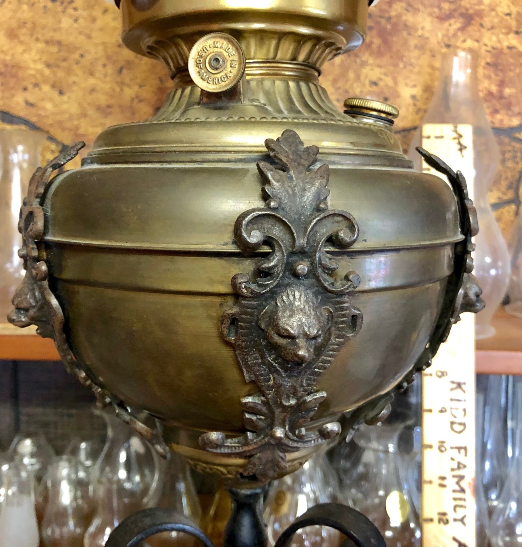 ANTIQUE BANQUET LAMP, BRASS & GLASS.