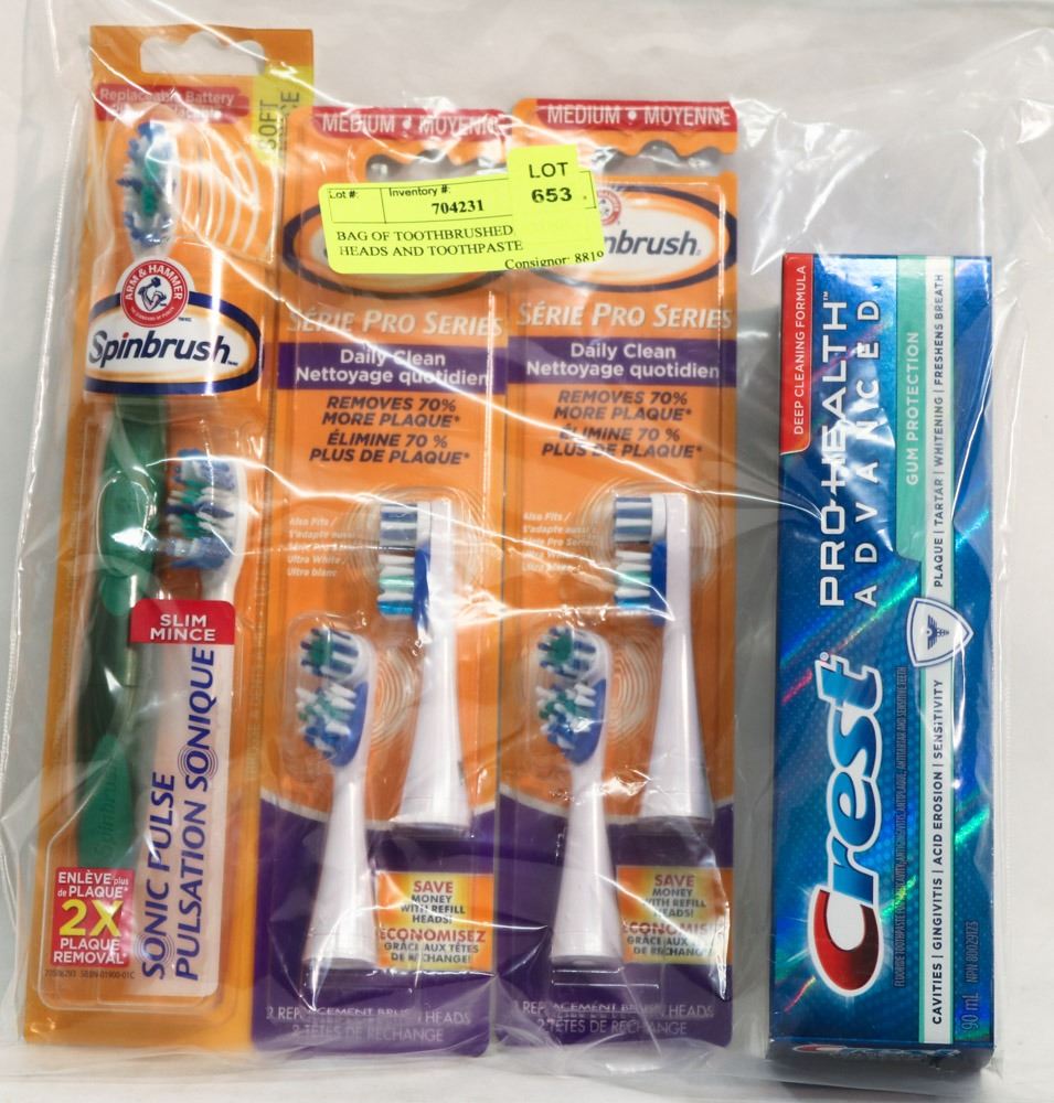 BAG OF TOOTHBRUSHES, BRUSH HEADS AND TOOTHPASTE
