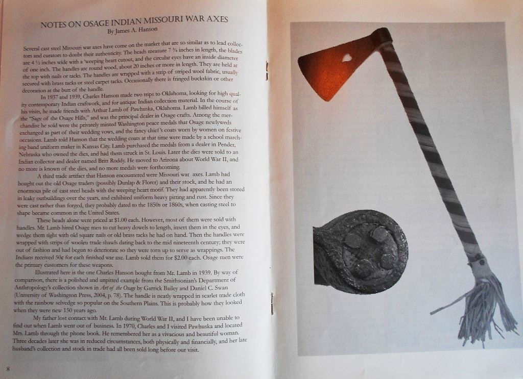 Osage Missouri War Axe Tomahawk by Dunlap & Florer