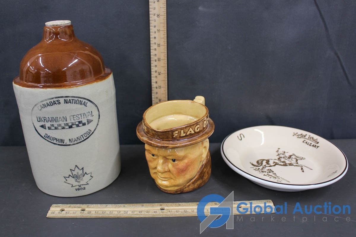 1982 Ukranian Festival Medalta Pottery Jug, Medalta Winston Churchhill ...