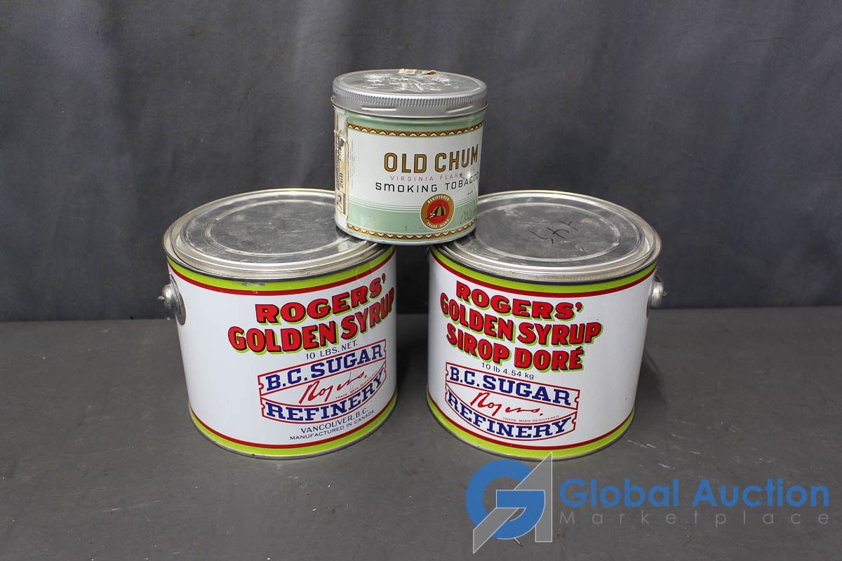 (2) Rogers Golden Syrup Tin Cans and Old Chum Tobacco Tin