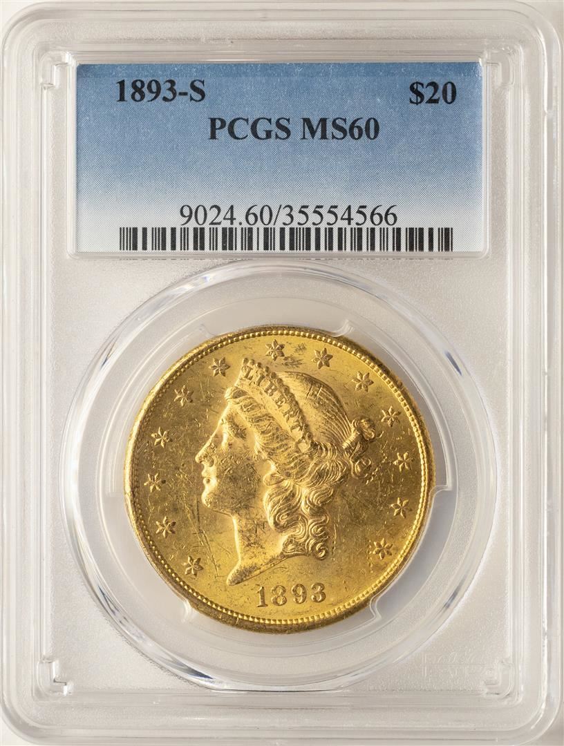 1893-S $20 Liberty Head Double Eagle Gold Coin PCGS MS60