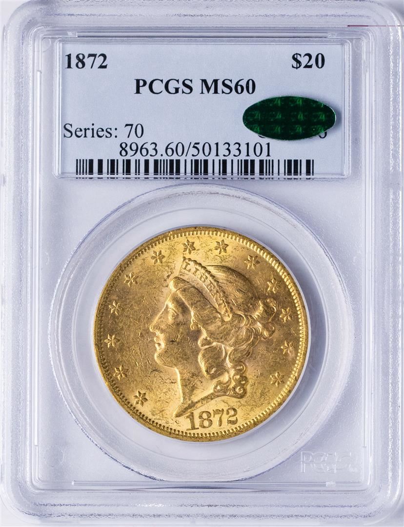 1872 $20 Liberty Head Double Eagle Gold Coin PCGS MS60 CAC
