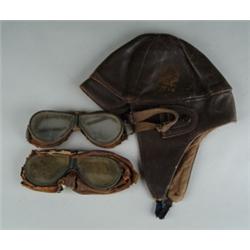 BROWN LEATHER FRENCH-MADE FLYING HELMET AND TWO P