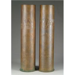 TWO EMPTY 105MM GERMAN BRASS ARTILLERY SHELL CASE
