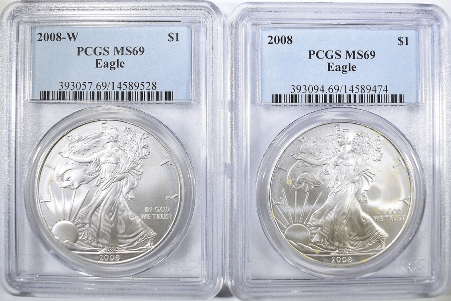 2008 & 2008-W AMERICAN SILVER EAGLE, PCGS MS-69