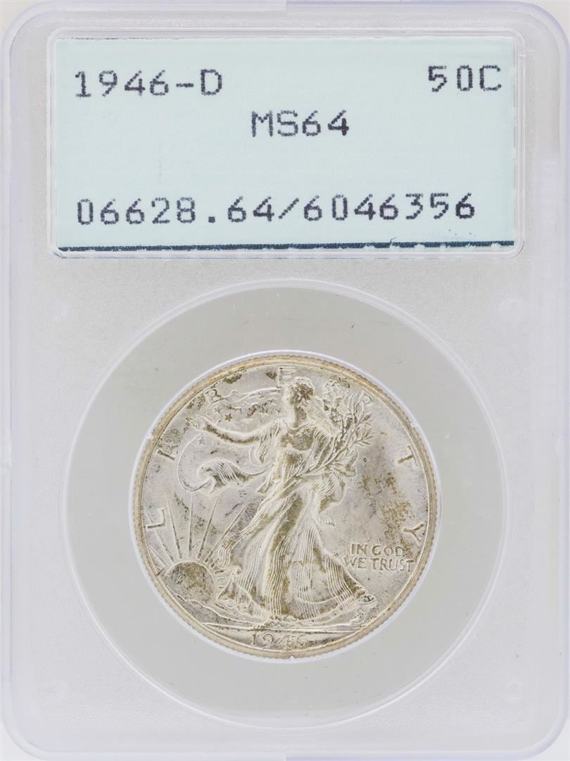 1946-D Walking Liberty Half Dollar Coin PCGS MS64 Green Rattler Holder
